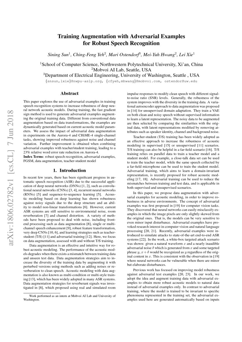 Training Augmentation with Adversarial Examples for Robust Speech Recognition | DeepAI