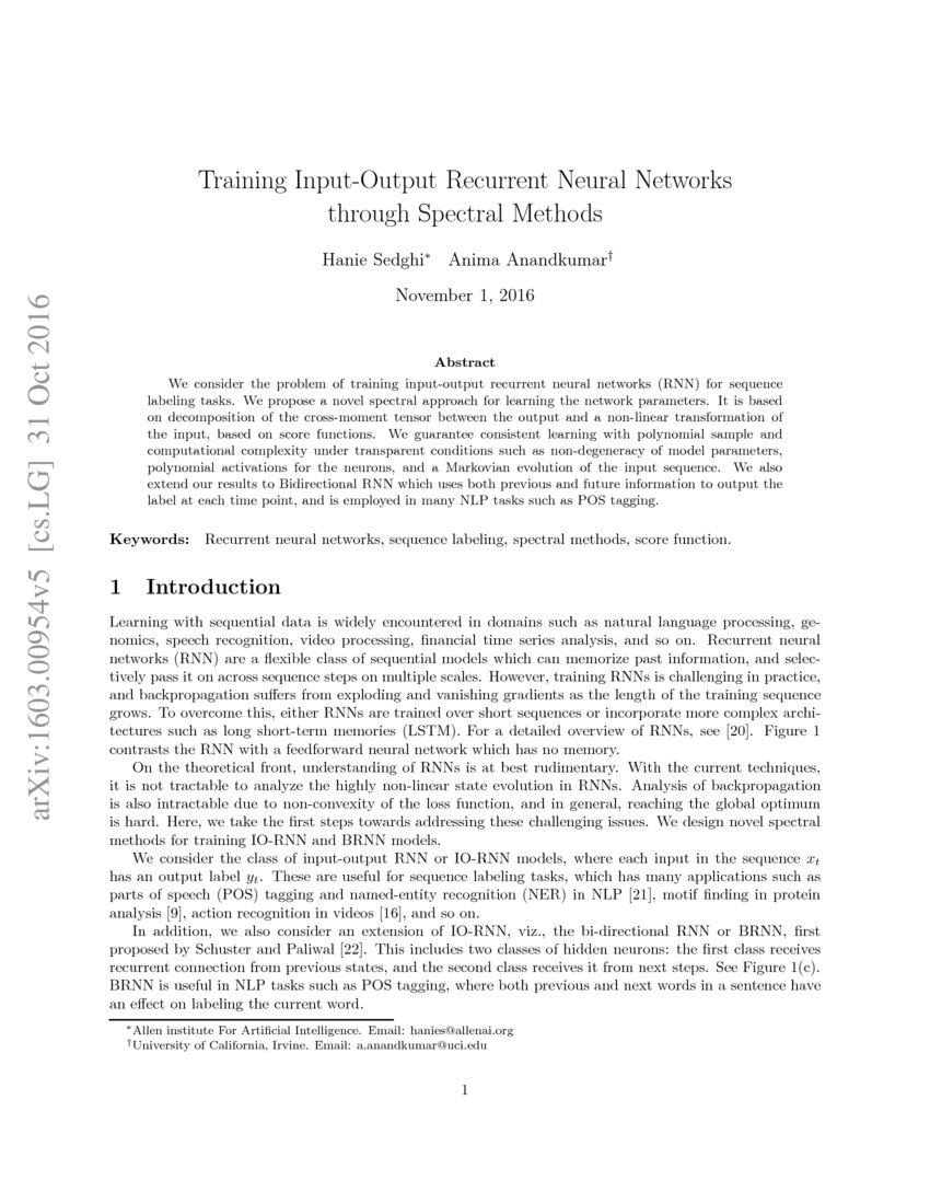 Training Input-Output Recurrent Neural Networks through Spectral Methods | DeepAI