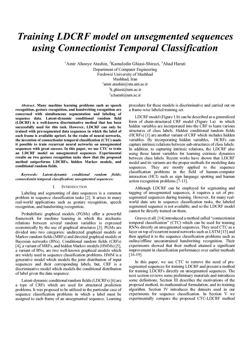 Training LDCRF model on unsegmented sequences using Connectionist Temporal Classification | DeepAI