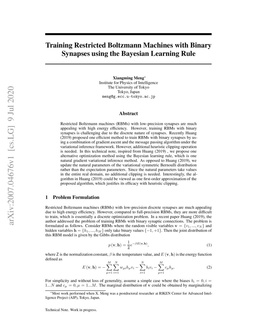 Training Restricted Boltzmann Machines with Binary Synapses using the Bayesian Learning Rule ...