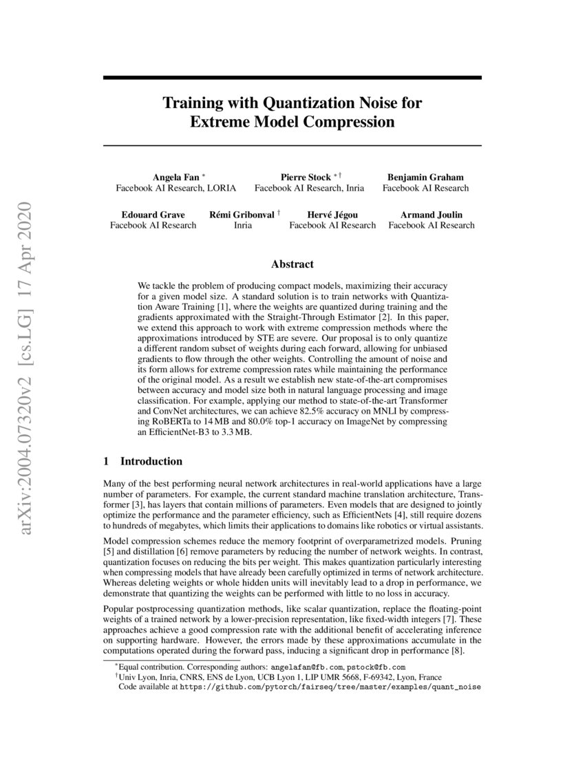 Training with Quantization Noise for Extreme Model Compression | DeepAI