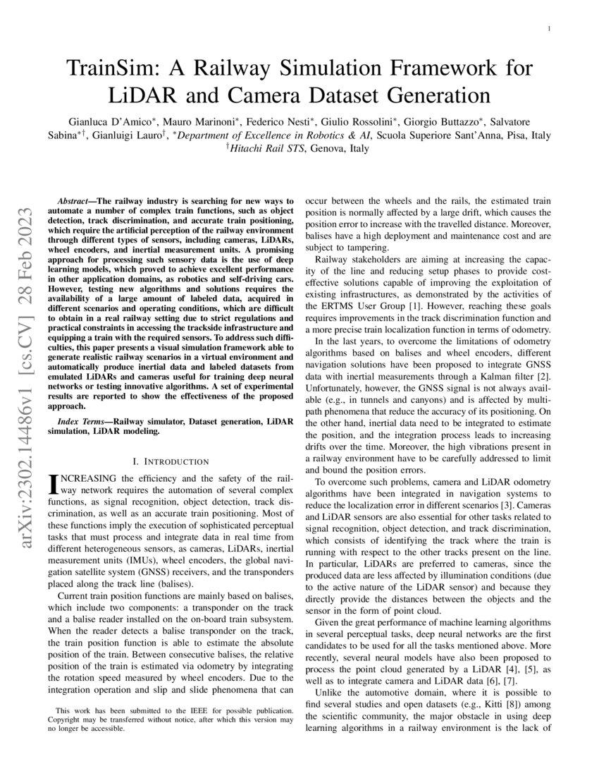 TrainSim: A Railway Simulation Framework for LiDAR and Camera Dataset Generation | DeepAI