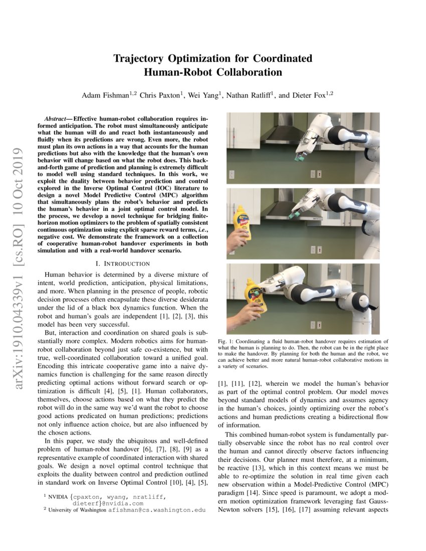 Trajectory Optimization For Coordinated Human Robot Collaboration Deepai