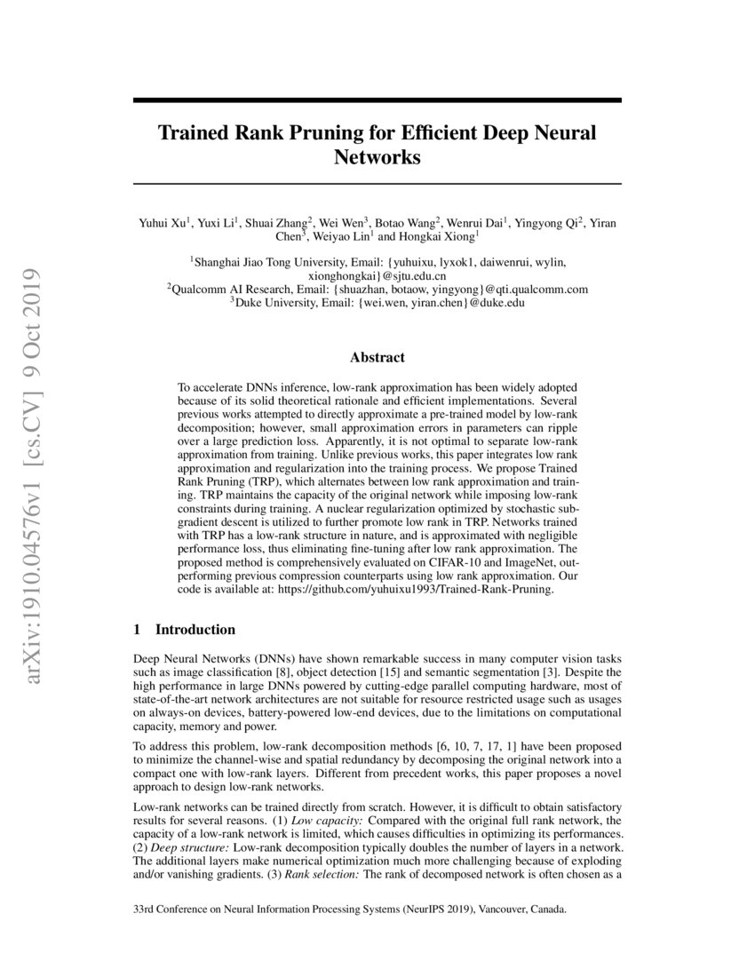 Traned Rank Pruning for Efficient Deep Neural Networks | DeepAI