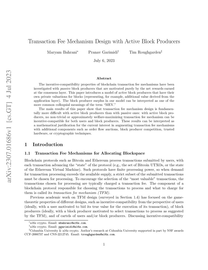 Transaction Fee Mechanism Design with Active Block Producers | DeepAI