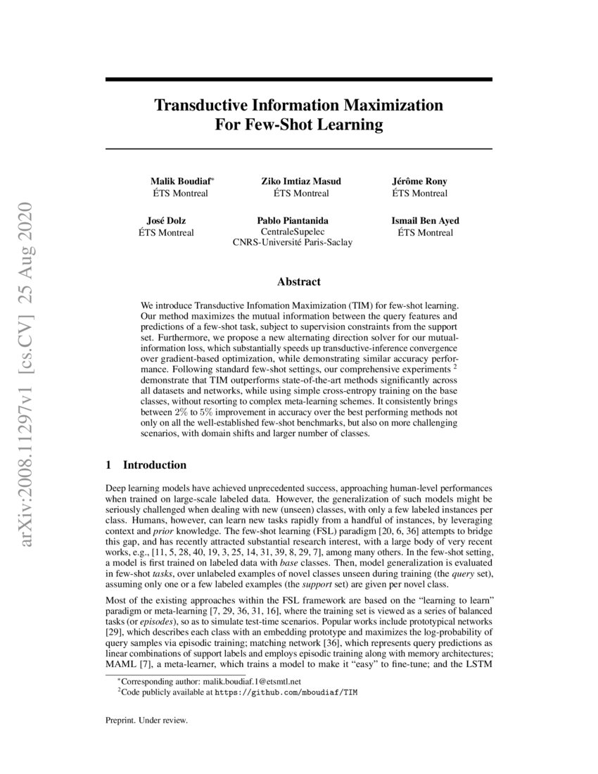 Transductive Information Maximization For Few Shot Learning Deepai