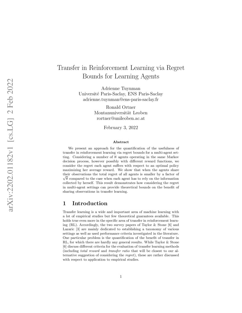 Transfer in Reinforcement Learning via Regret Bounds for Learning ...