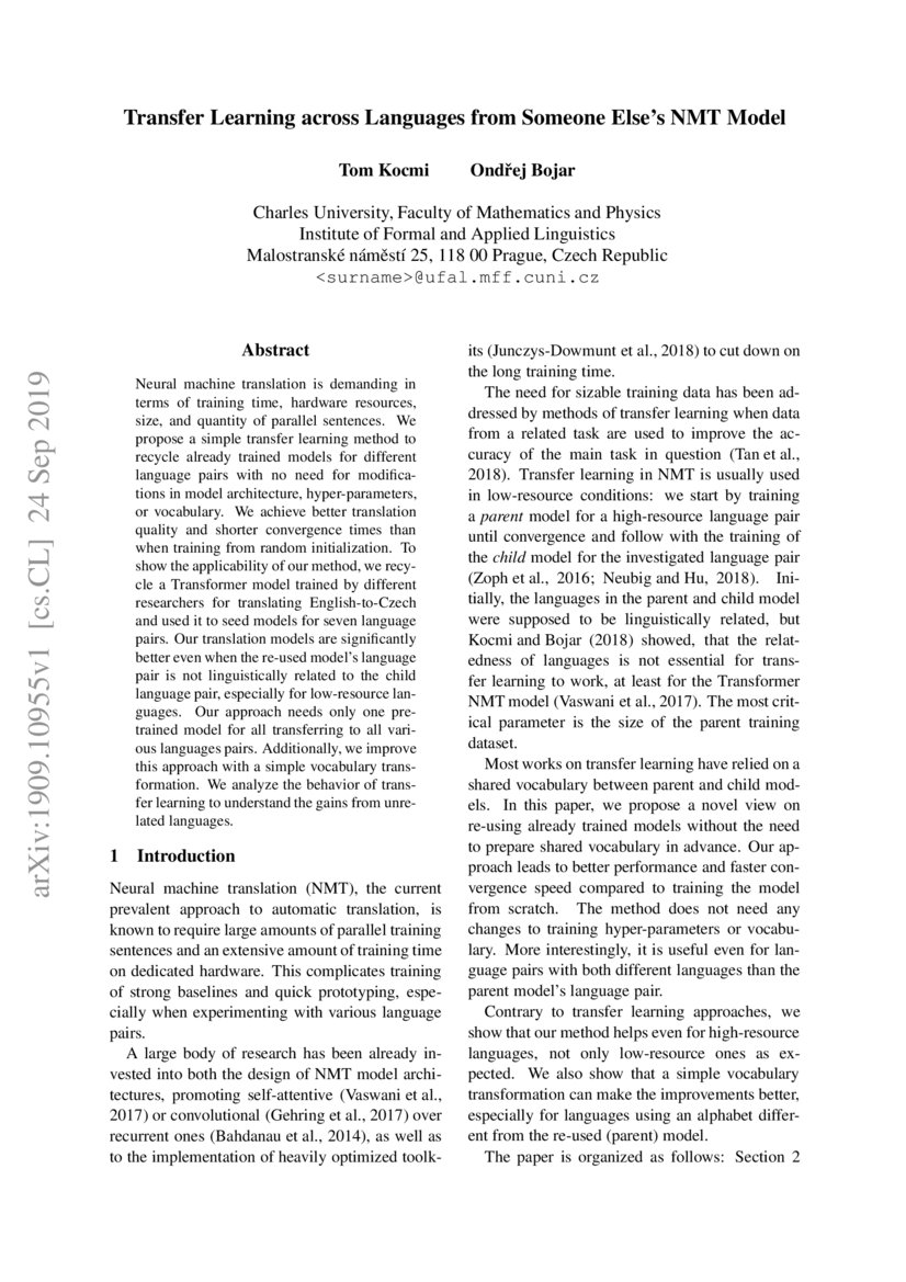 Transfer Learning across Languages from Someone Else's NMT Model | DeepAI