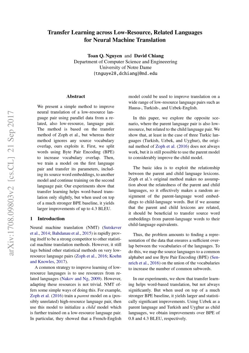 Transfer Learning across Low-Resource, Related Languages for Neural ...