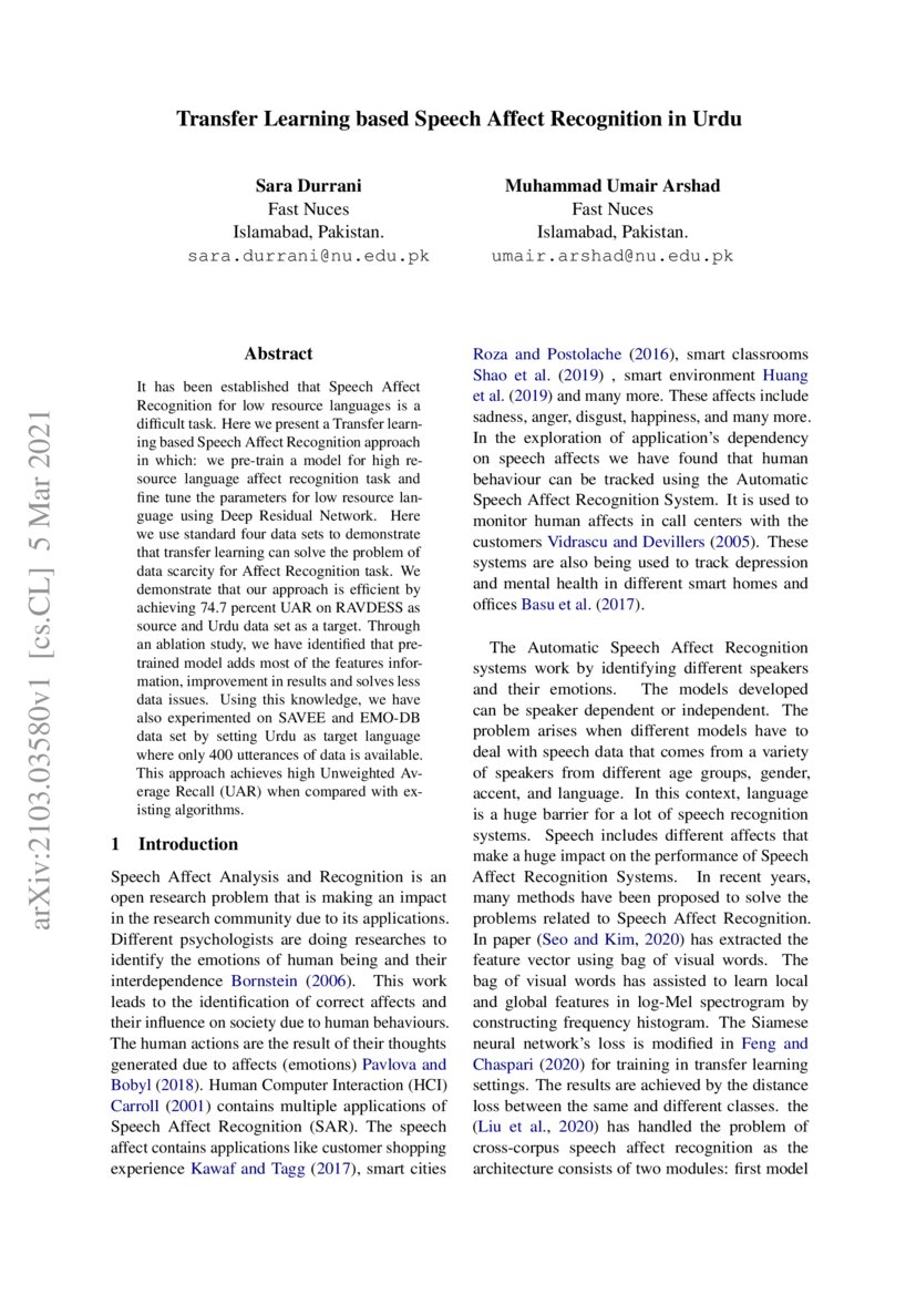 Transfer Learning based Speech Affect Recognition in Urdu | DeepAI