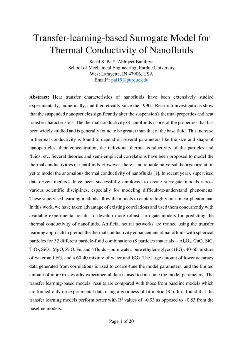 Transfer Learning Based Surrogate Model For Thermal Conductivity Of Nanofluids Deepai