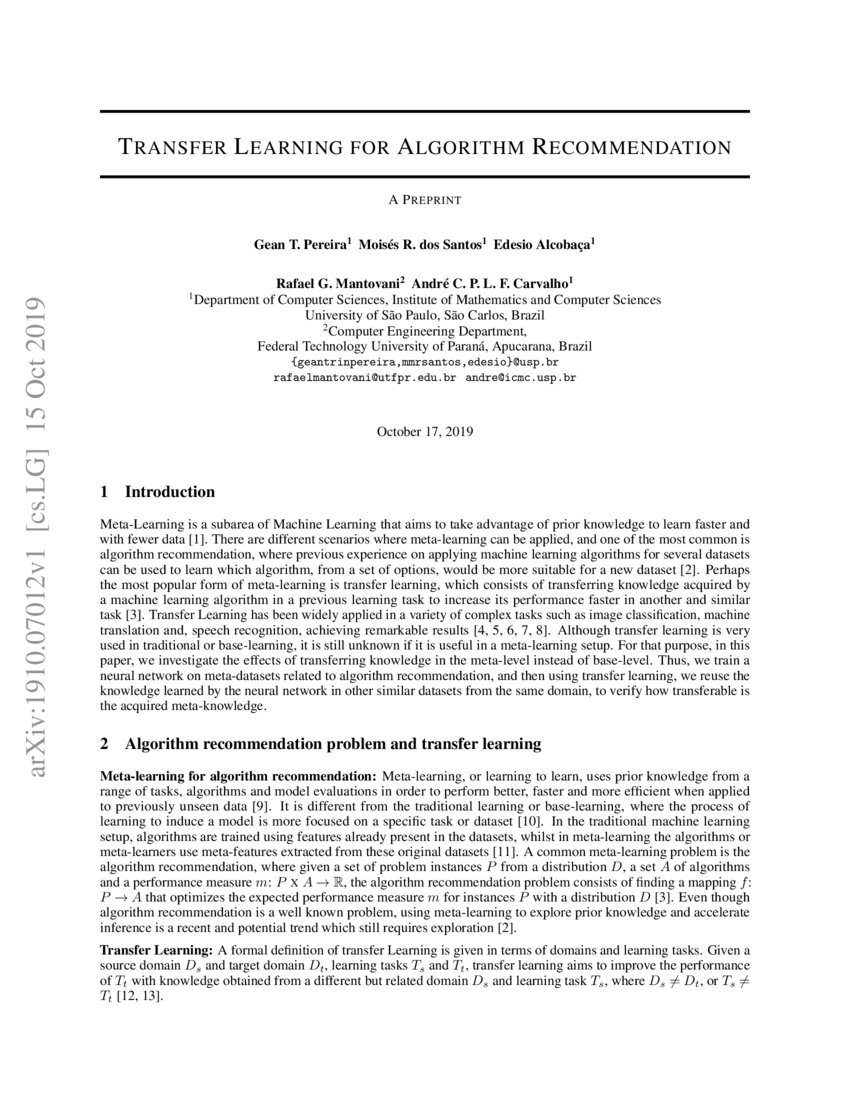 Transfer Learning for Algorithm Recommendation | DeepAI
