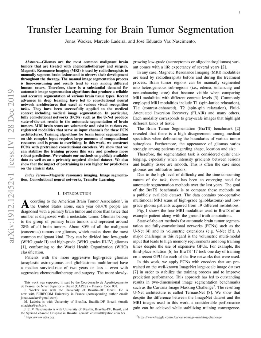 Transfer Learning For Brain Tumor Segmentation Deepai
