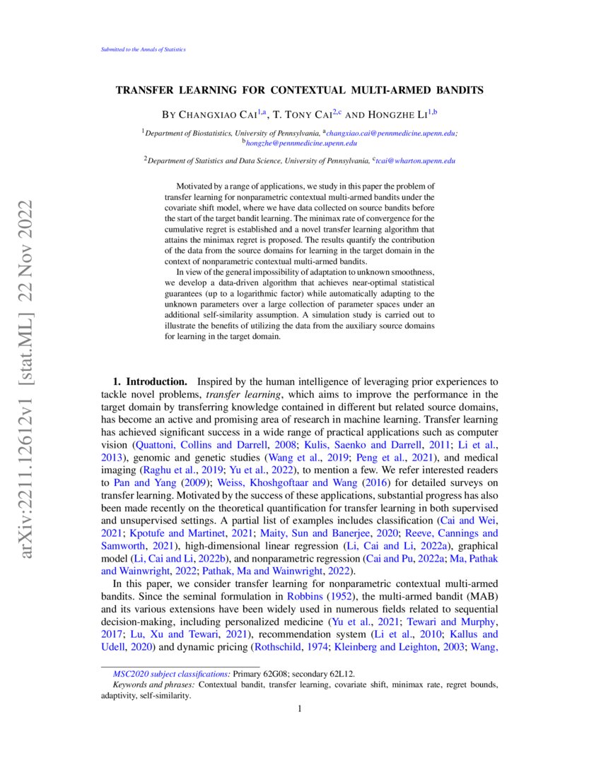 Transfer Learning For Contextual Multi Armed Bandits Deepai