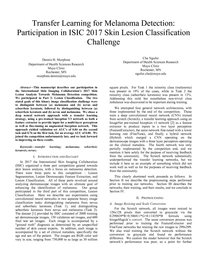 Transfer Learning For Melanoma Detection Participation In Isic 2017