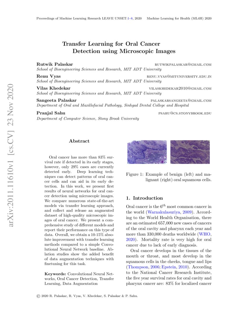 Transfer Learning For Oral Cancer Detection Using Microscopic Images Deepai