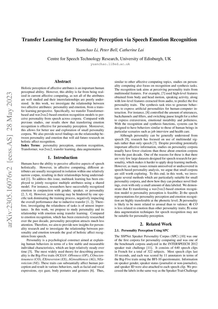 Transfer Learning for Personality Perception via Speech Emotion Recognition | DeepAI