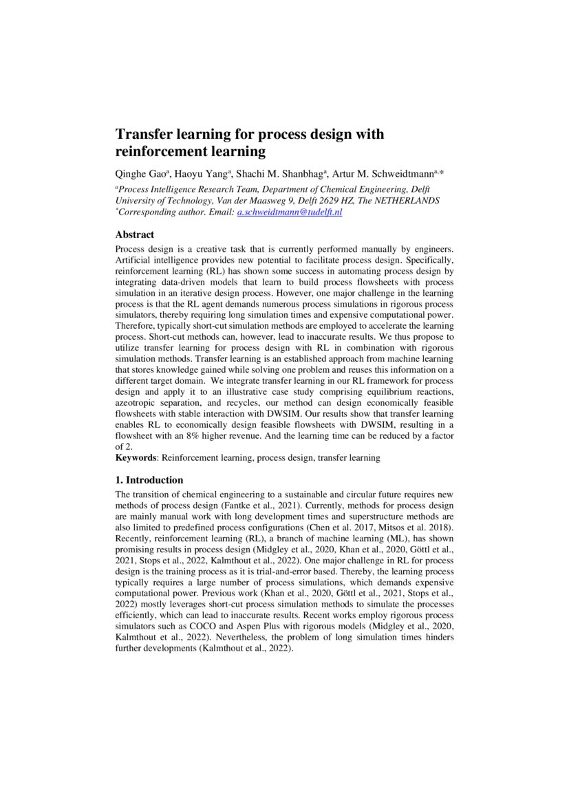 Transfer learning for process design with reinforcement learning | DeepAI