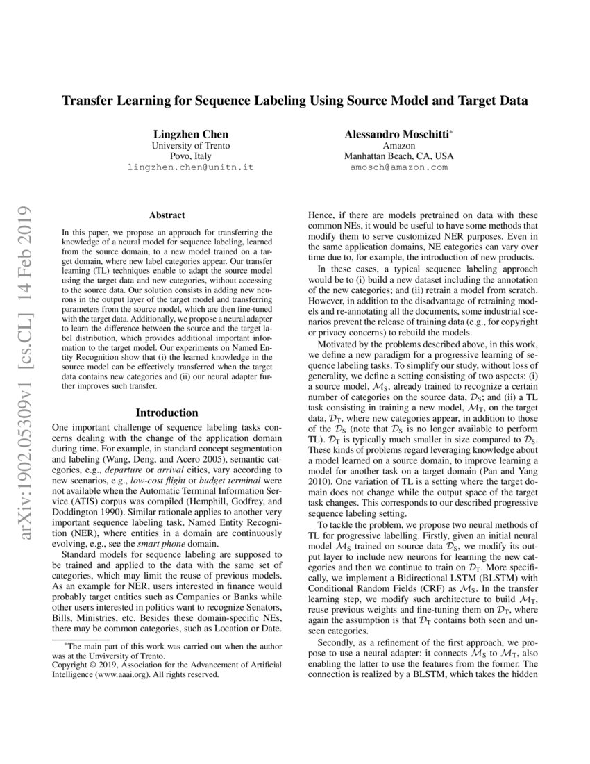 Transfer Learning for Sequence Labeling Using Source Model and Target Data | DeepAI