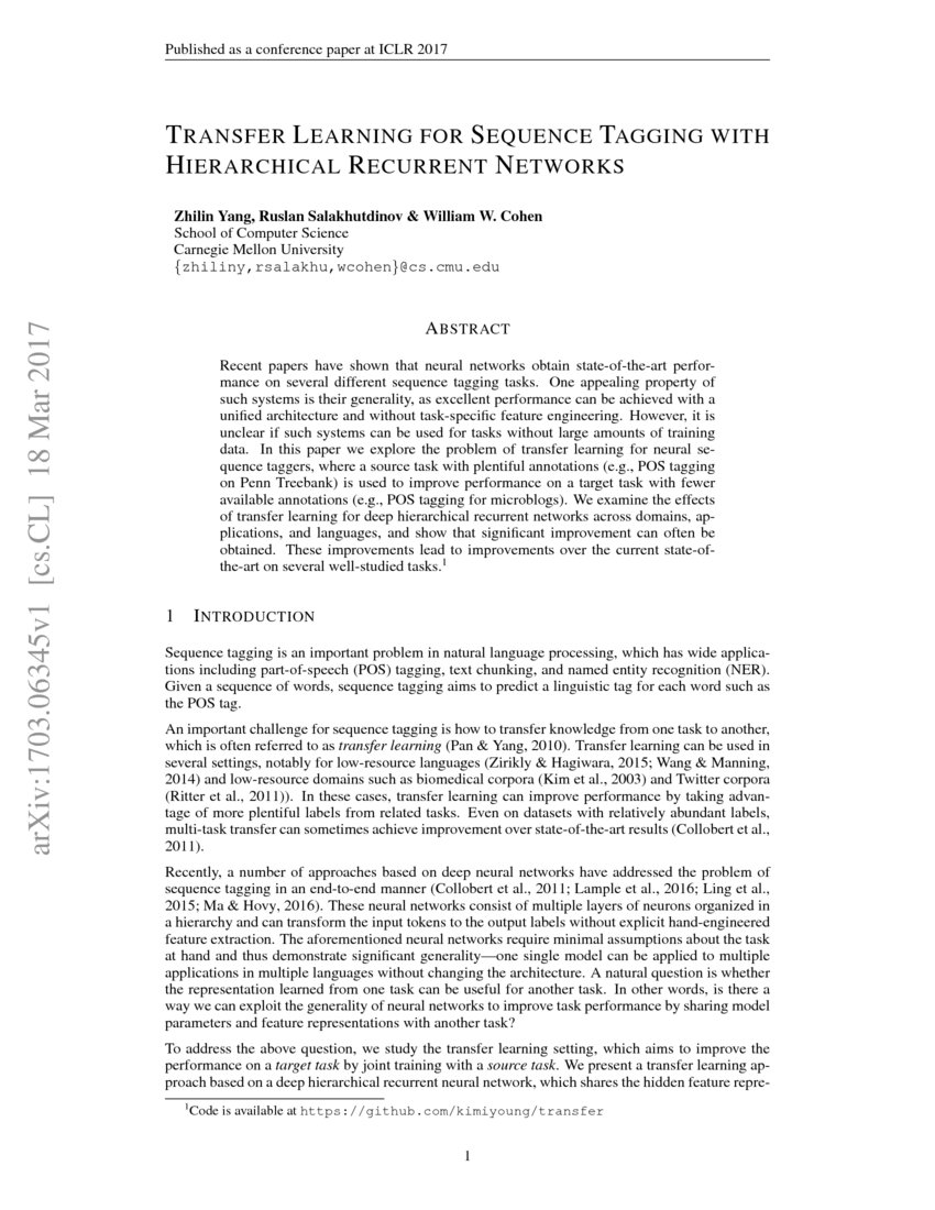 Transfer Learning For Sequence Tagging With Hierarchical Recurrent Networks Deepai 