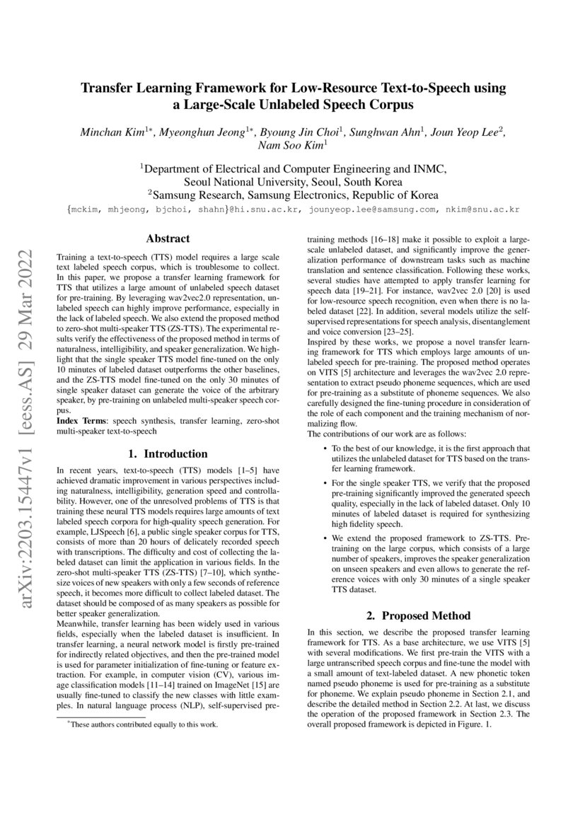 Transfer Learning Framework for Low-Resource Text-to-Speech using a Large-Scale Unlabeled Speech ...