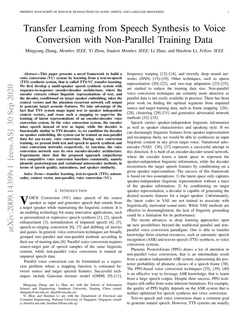 Transfer Learning from Speech Synthesis to Voice Conversion with Non-Parallel Training Data | DeepAI