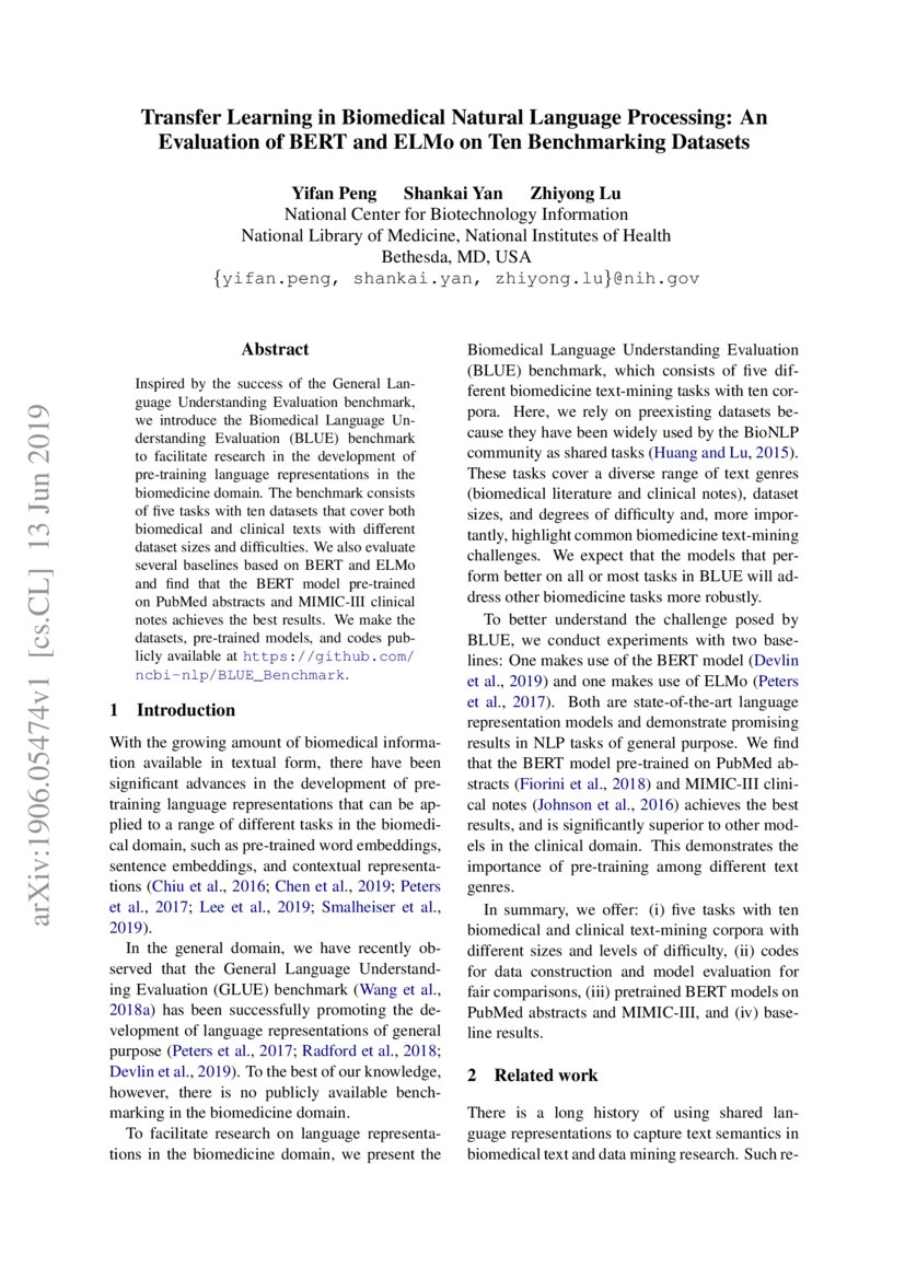 Transfer Learning in Biomedical Natural Language Processing: An Evaluation of BERT and ELMo on ...