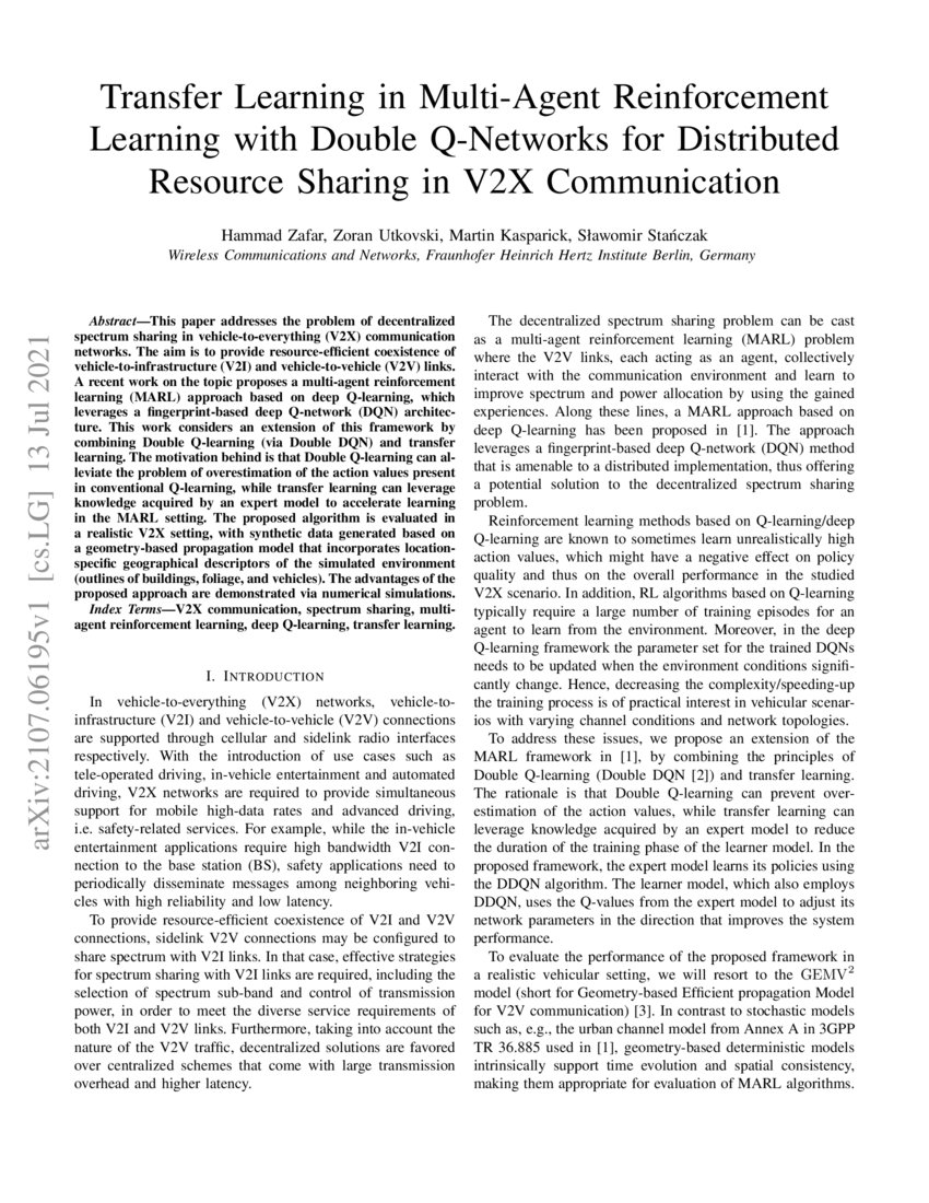Transfer Learning In Multi Agent Reinforcement Learning With Double Q Networks For Distributed