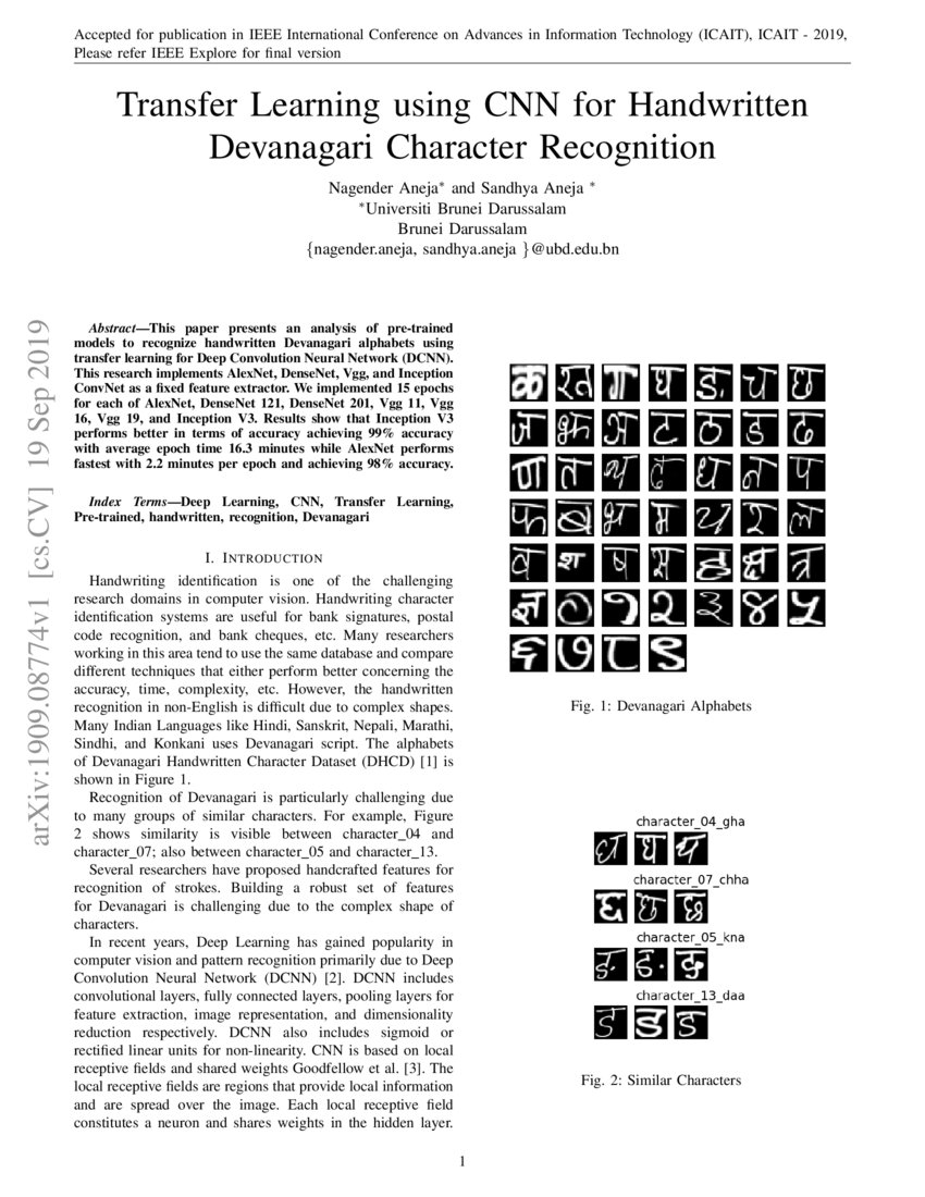 Transfer Learning Using Cnn For Handwritten Devanagari Character