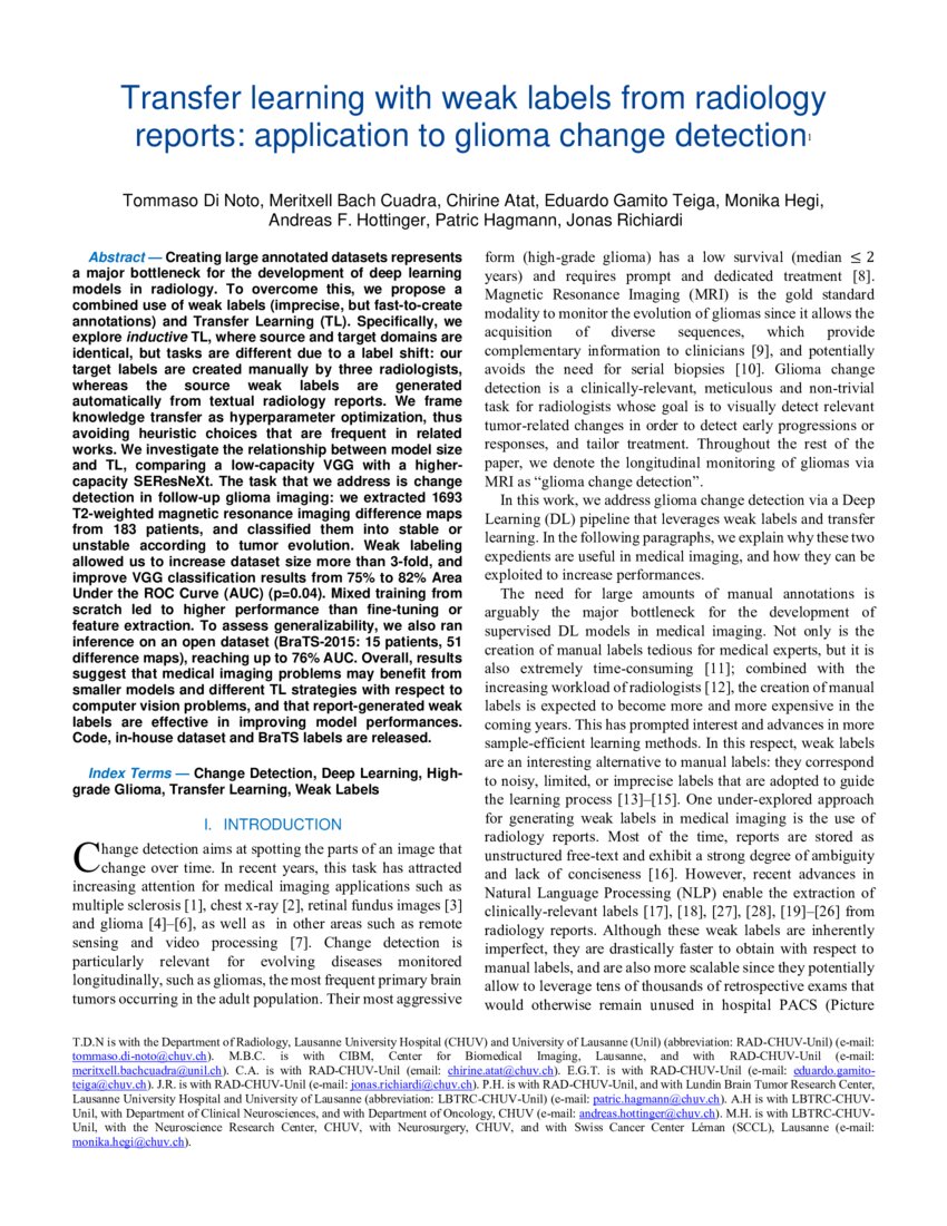 Transfer learning with weak labels from radiology reports: application ...