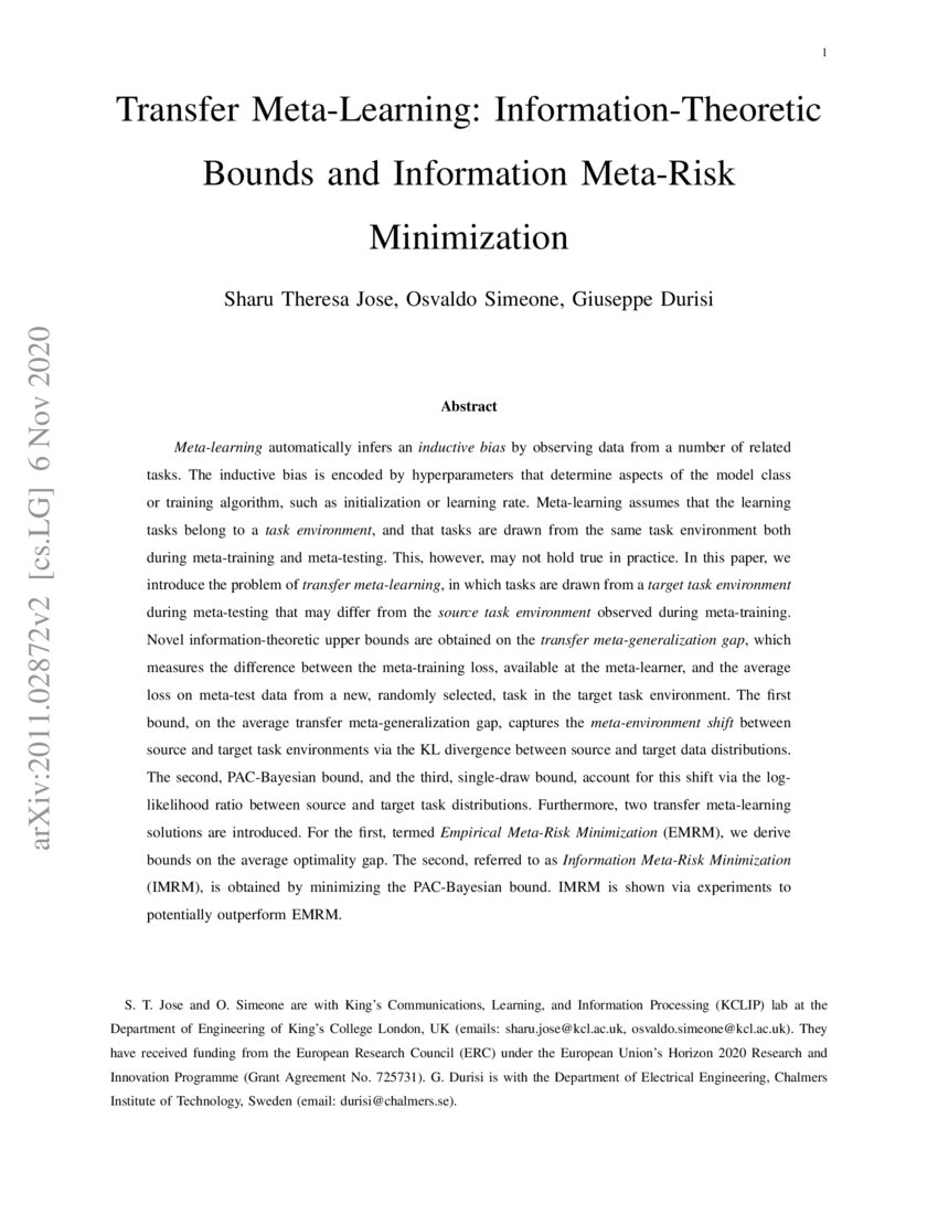 Transfer Meta Learning Information Theoretic Bounds And Information Meta Risk Minimization Deepai