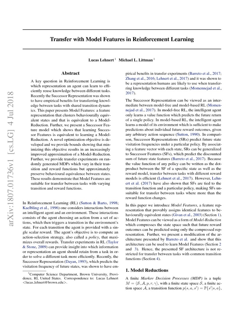 Transfer with Model Features in Reinforcement Learning | DeepAI