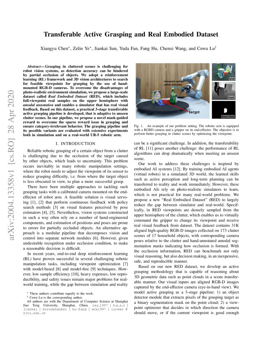 Transferable Active Grasping and Real Embodied Dataset | DeepAI