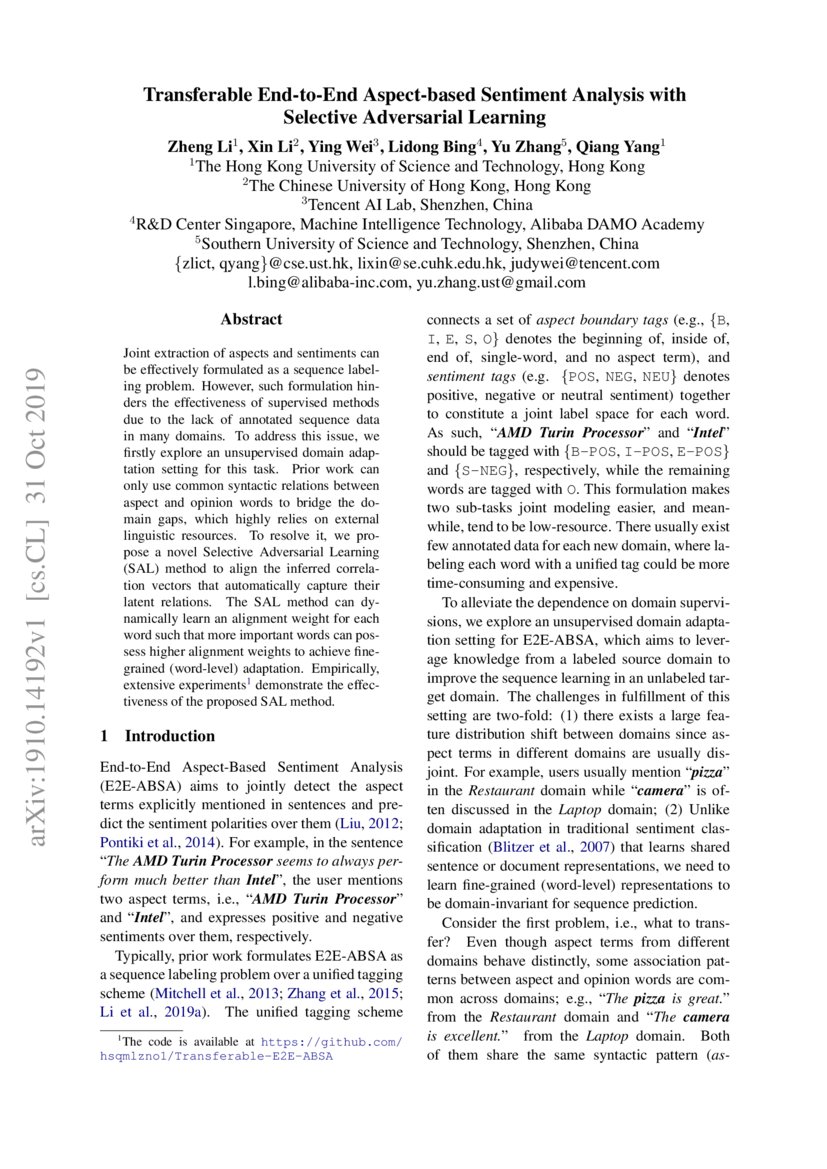 Transferable End-to-End Aspect-based Sentiment Analysis with Selective Adversarial Learning | DeepAI
