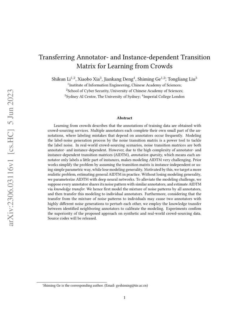 Transferring Annotator- and Instance-dependent Transition Matrix for Learning from Crowds | DeepAI