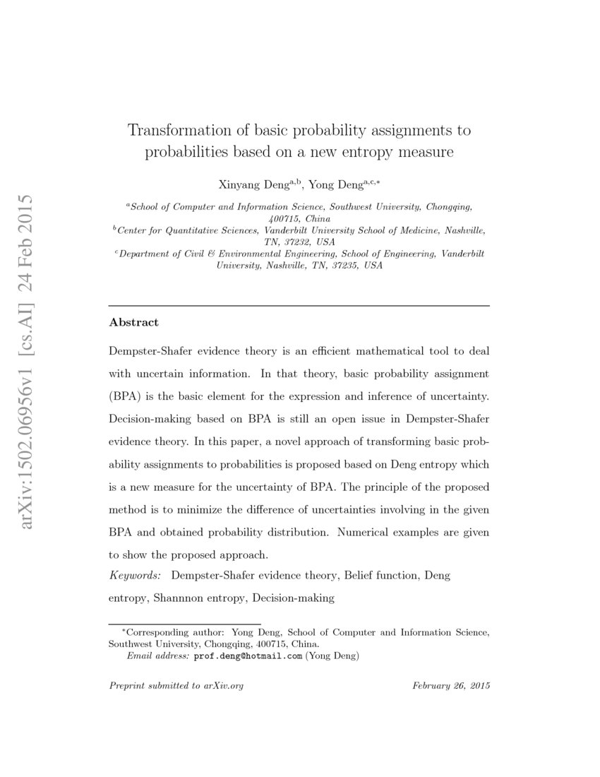 Transformation of basic probability assignments to probabilities based on a new entropy measure ...