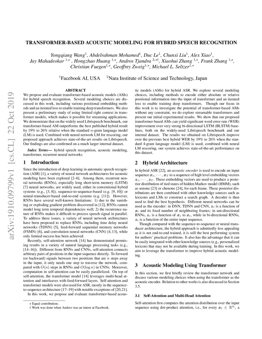Transformer-based Acoustic Modeling for Hybrid Speech Recognition | DeepAI Transformer-based Acoustic Modeling for Hybrid Speech Recognition | DeepAI