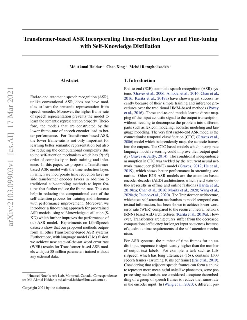 Transformer-based ASR Incorporating Time-reduction Layer and Fine-tuning with Self-Knowledge ...