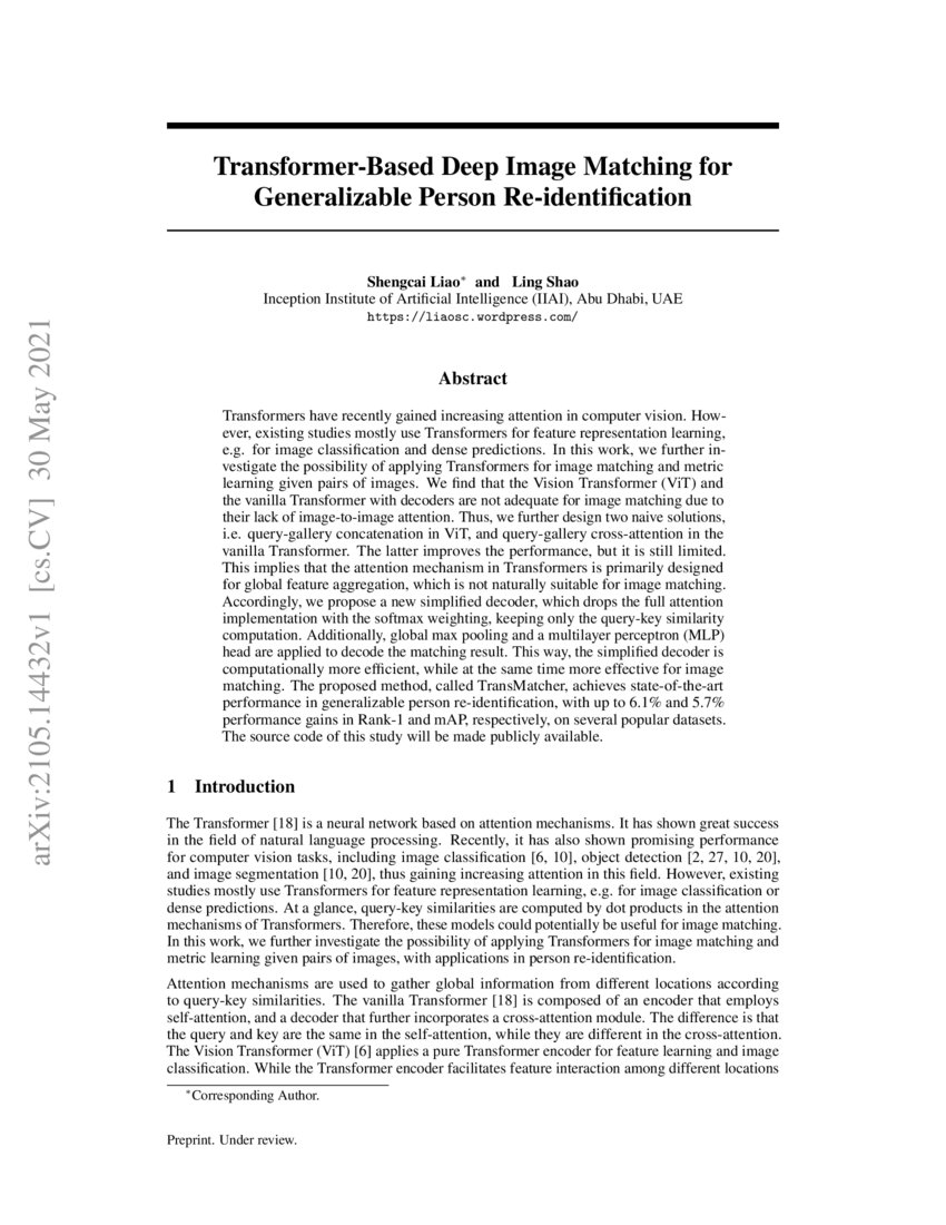 Transformer-Based Deep Image Matching for Generalizable Person Re-identification | DeepAI