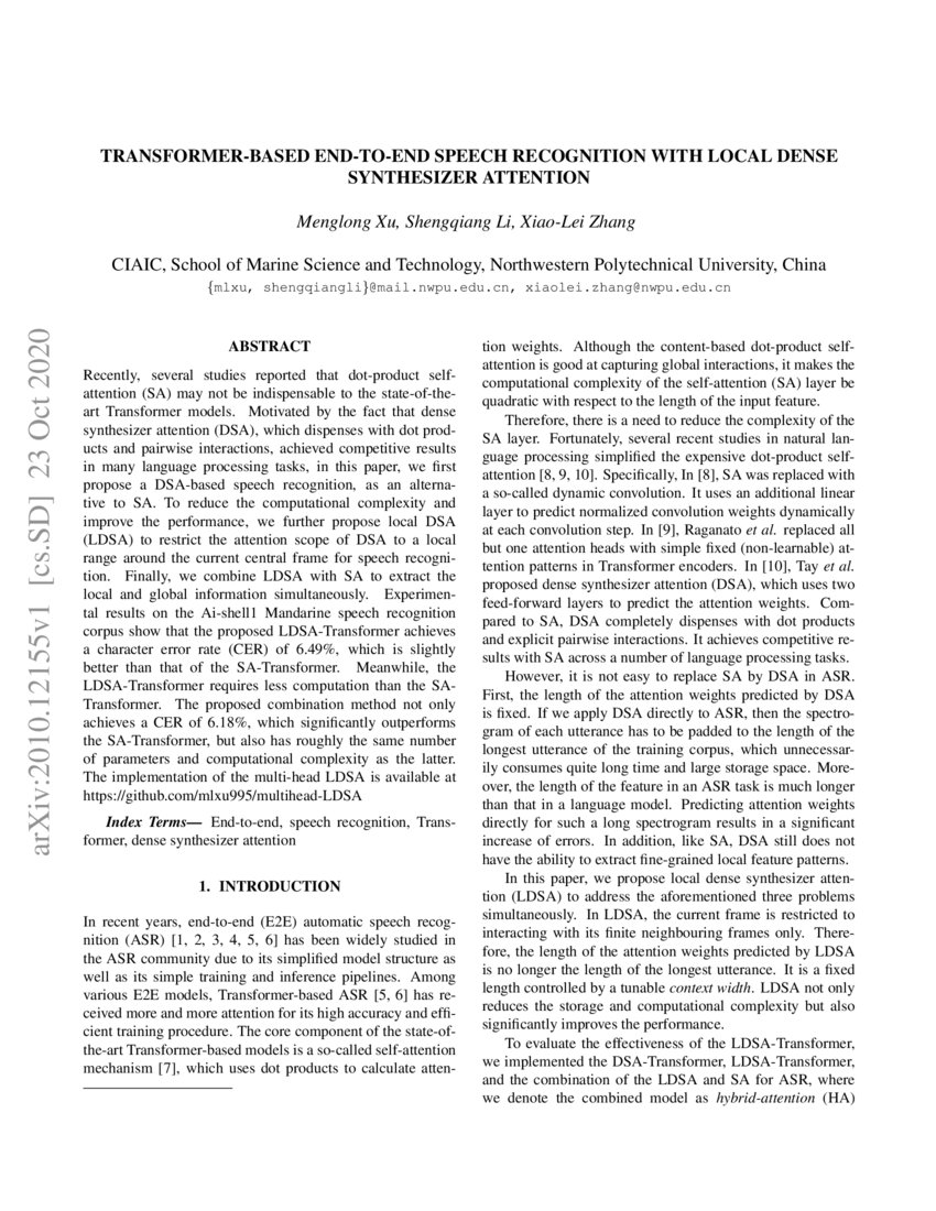 Transformer-based End-to-End Speech Recognition with Local Dense Synthesizer Attention | DeepAI