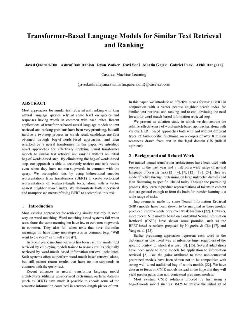 Transformer-Based Language Models for Similar Text Retrieval and Ranking | DeepAI