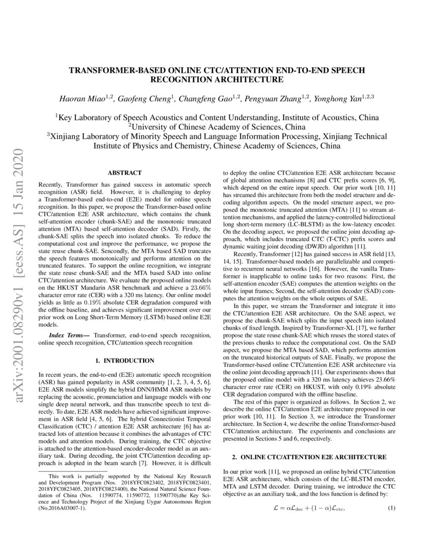 Transformer Based Online Ctcattention End To End Speech Recognition Architecture Deepai