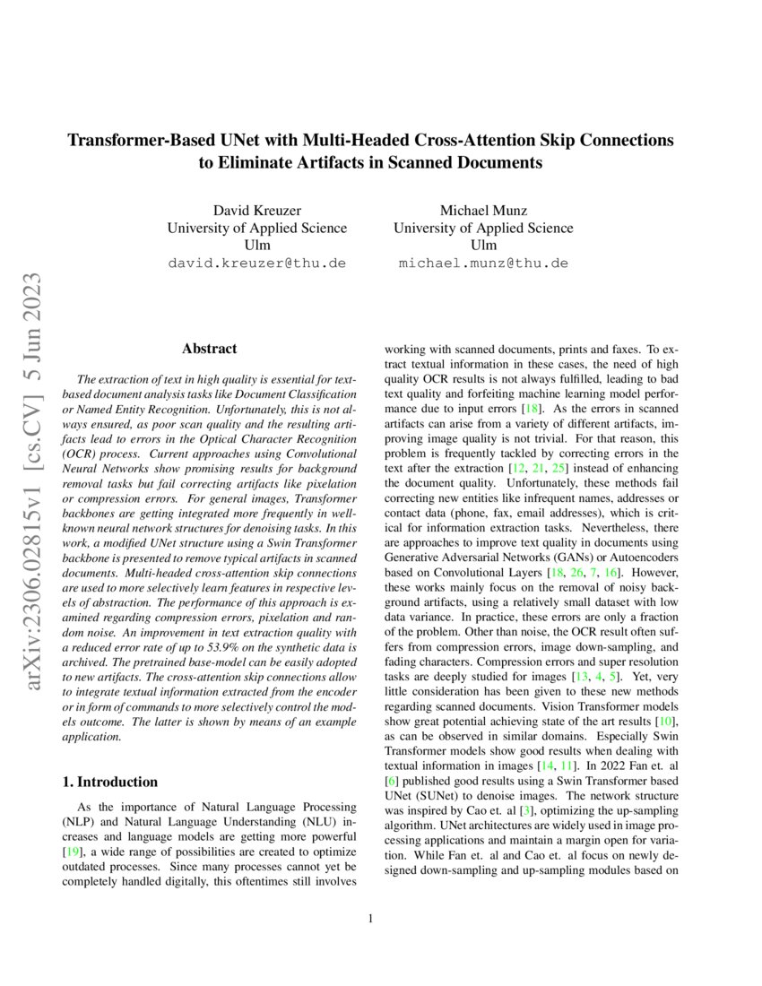 Transformer Based Unet With Multi Headed Cross Attention Skip Connections To Eliminate Artifacts