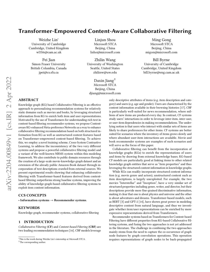 Transformer Empowered Content Aware Collaborative Filtering Deepai
