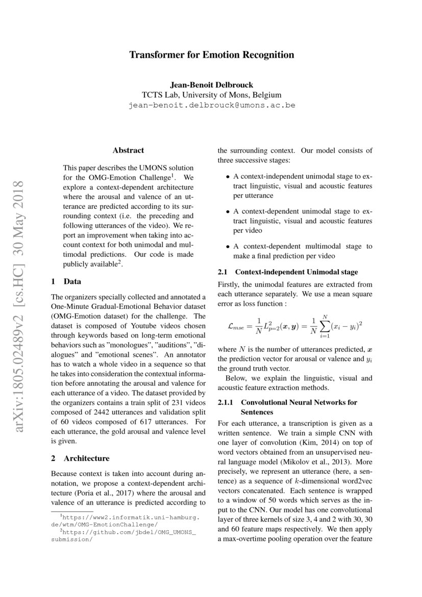 Transformer for Emotion Recognition | DeepAI