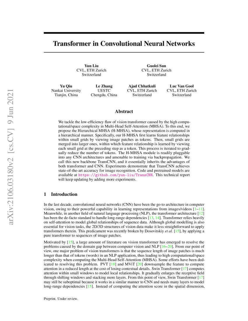 Transformer in Convolutional Neural Networks | DeepAI