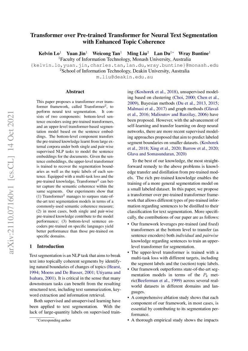 Transformer over Pre-trained Transformer for Neural Text Segmentation ...