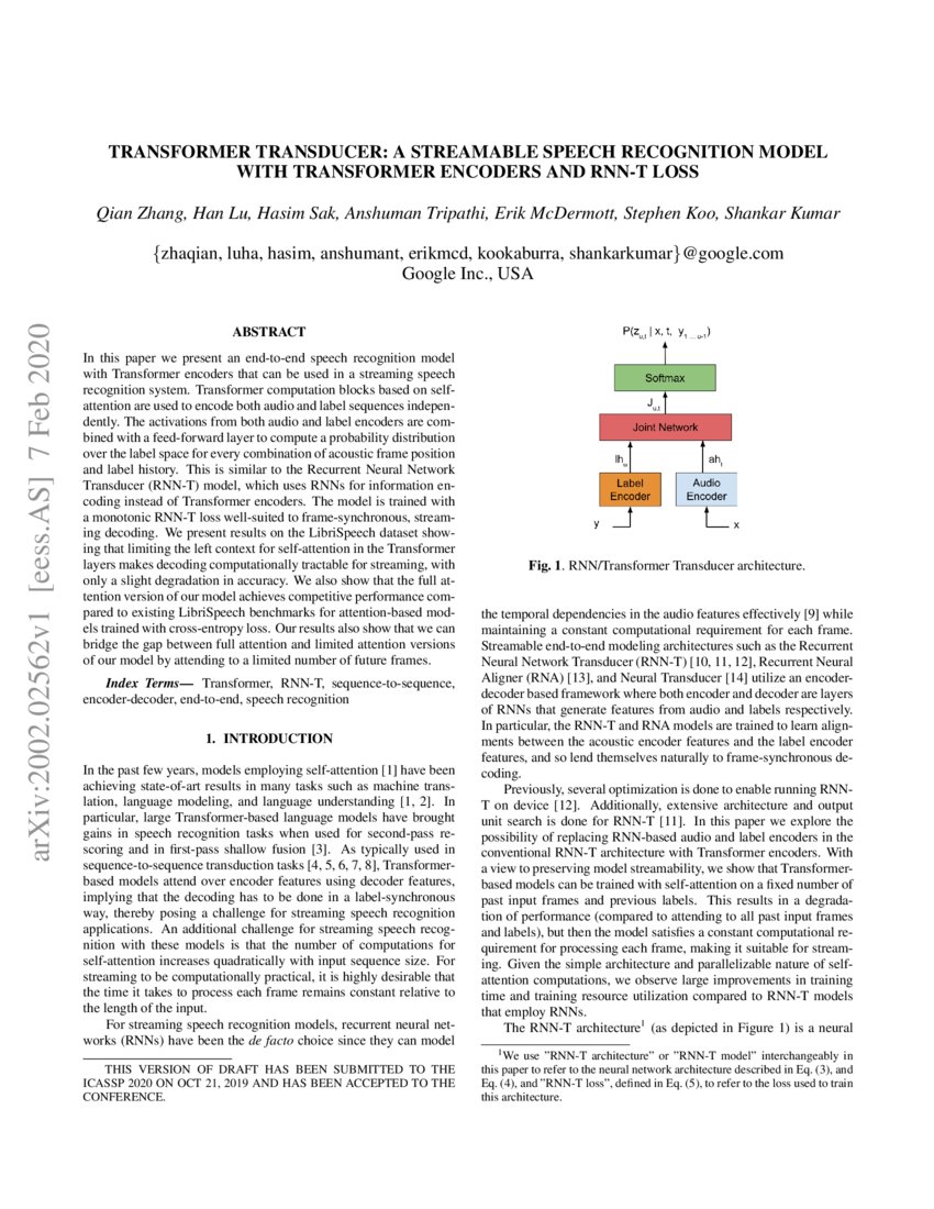 Transformer Transducer A Streamable Speech Recognition Model With Transformer Encoders And Rnn