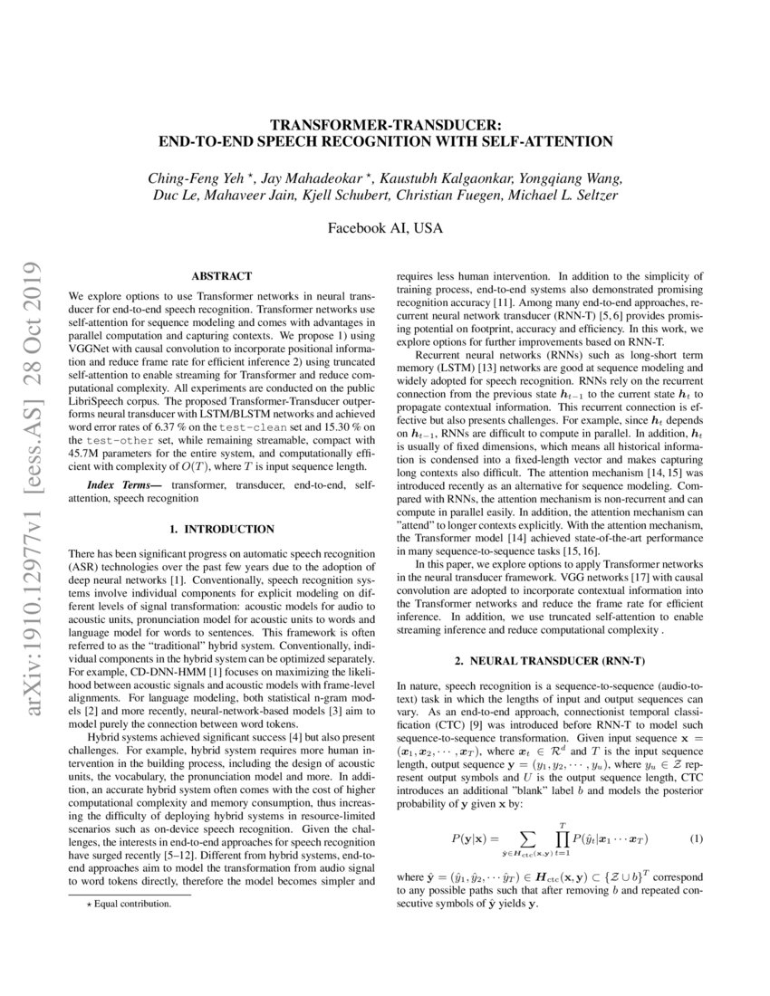 Transformer Transducer End To End Speech Recognition With Self Attention Deepai