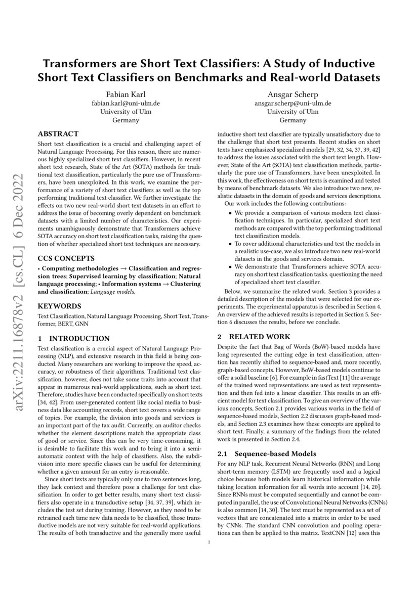 Transformers are Short Text Classifiers: A Study of Inductive Short Text Classifiers on ...